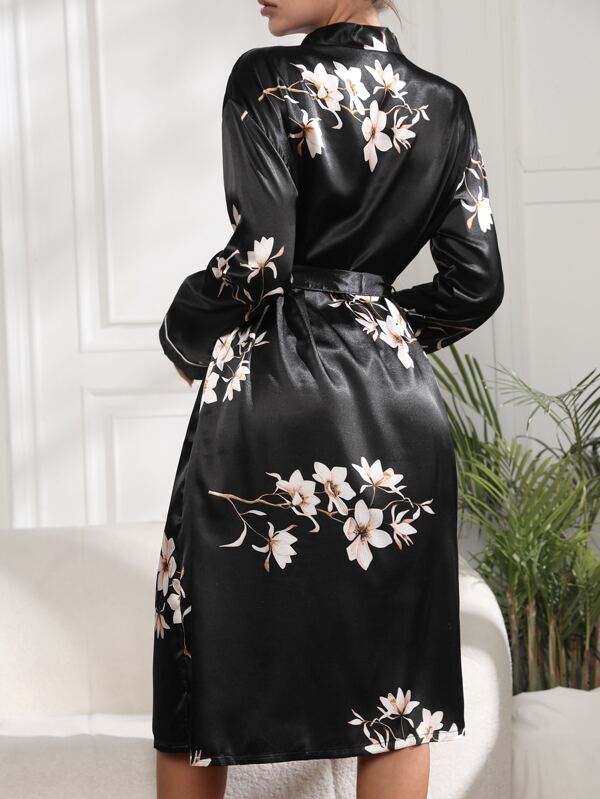 Floral Print Belted Satin Robe | SHEIN UK