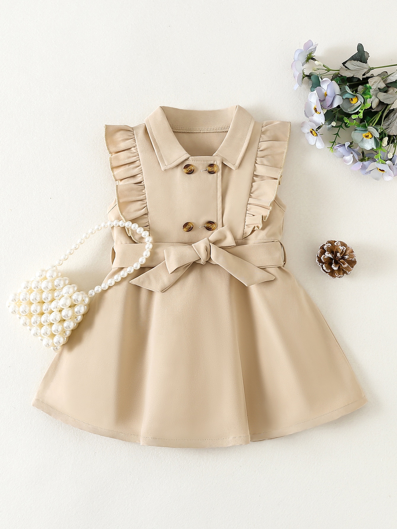 Baby Ruffle Trim Button Front Belted Dress