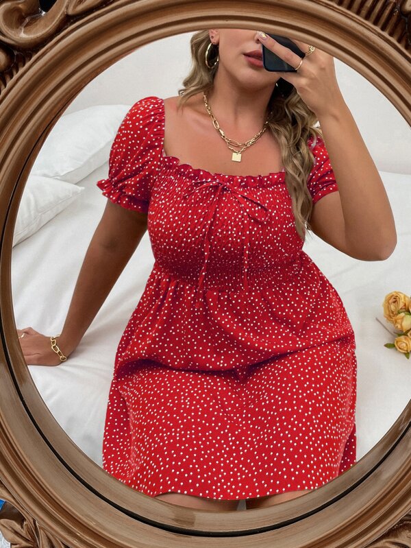 SHEIN Privé Plus Shirred Bodice Frill Trim Polka Dot Dress | SHEIN USA