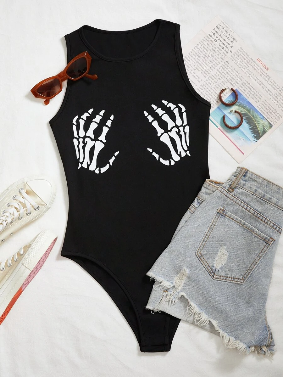 SHEIN EZwear Plus Skull Hands Tank Bodysuit | SHEIN USA