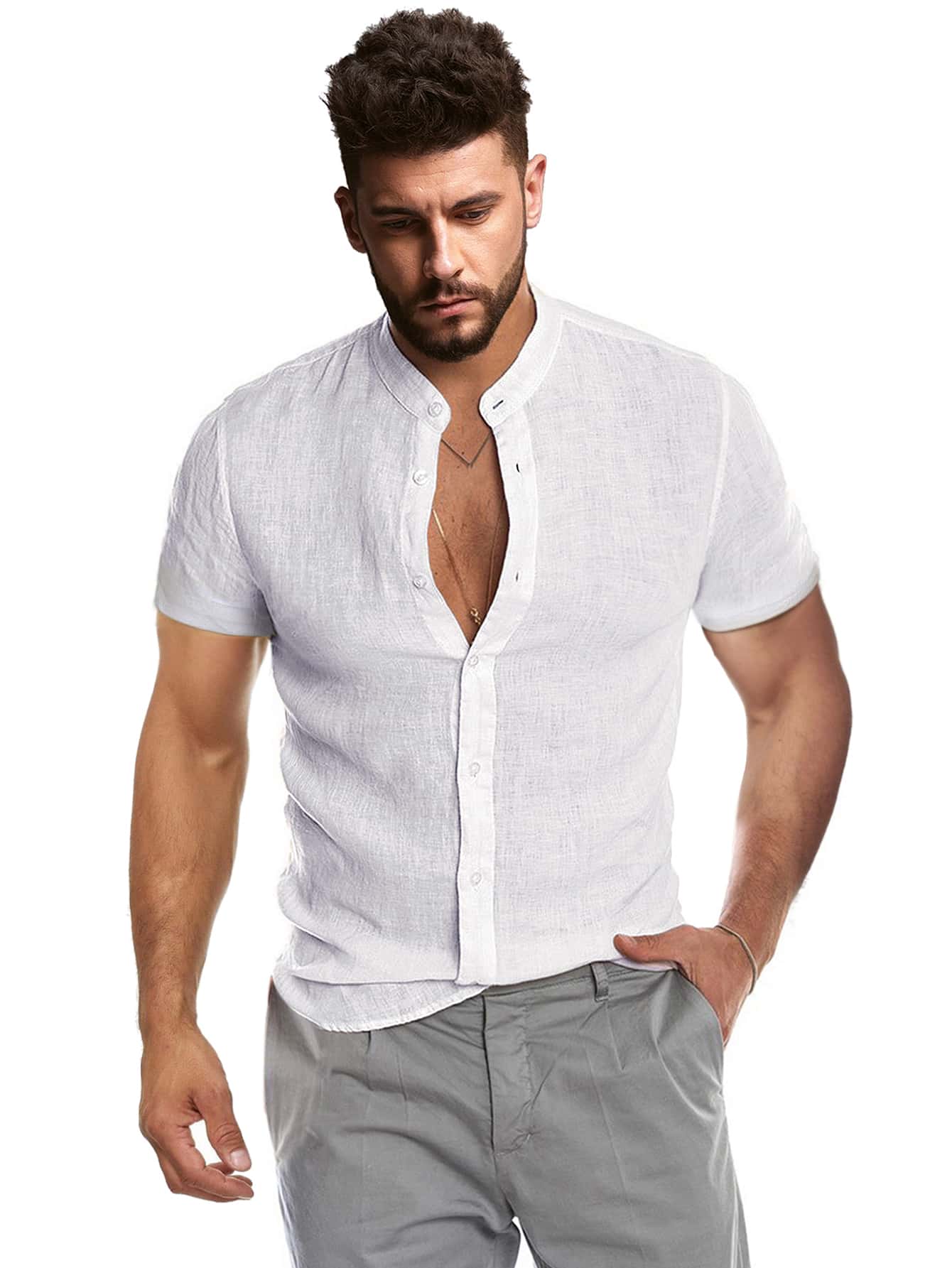 Manfinity Homme Men Mock Neck Button Up Shirt | SHEIN USA