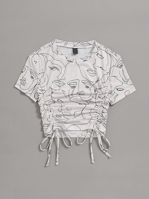 Camiseta Con Estampado De Figura Abstracta Con Cordón Delantero Moda