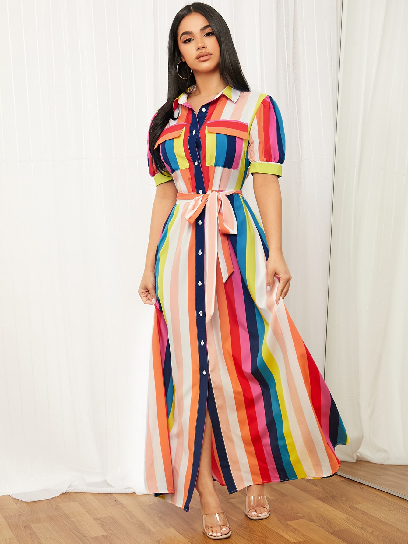 SHEIN VCAY Rainbow Striped Flap Pocket Belted Shirt Dress | SHEIN USA