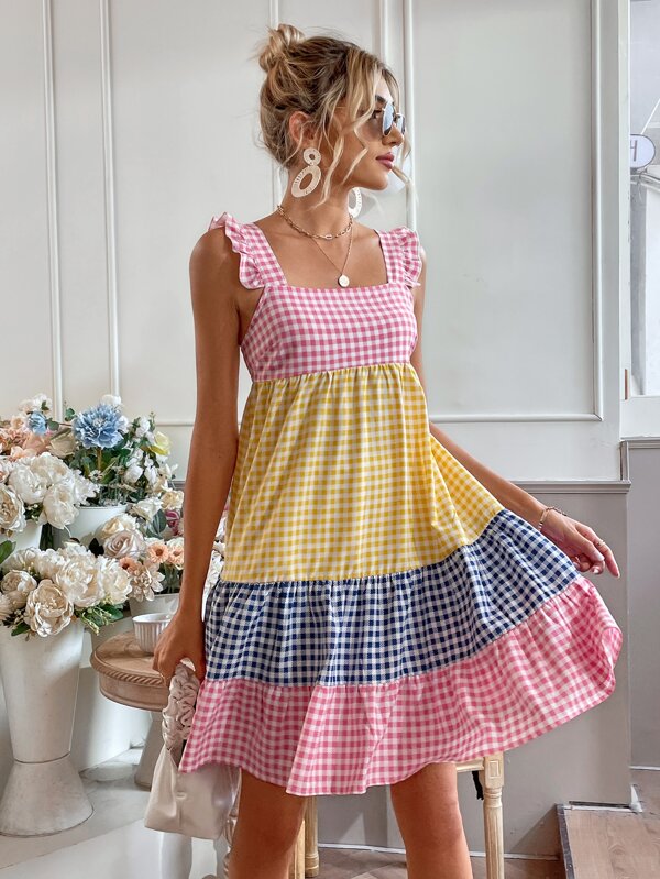SHEIN VCAY Colorblock Gingham Print Frill Ruffle Hem Dress | SHEIN USA