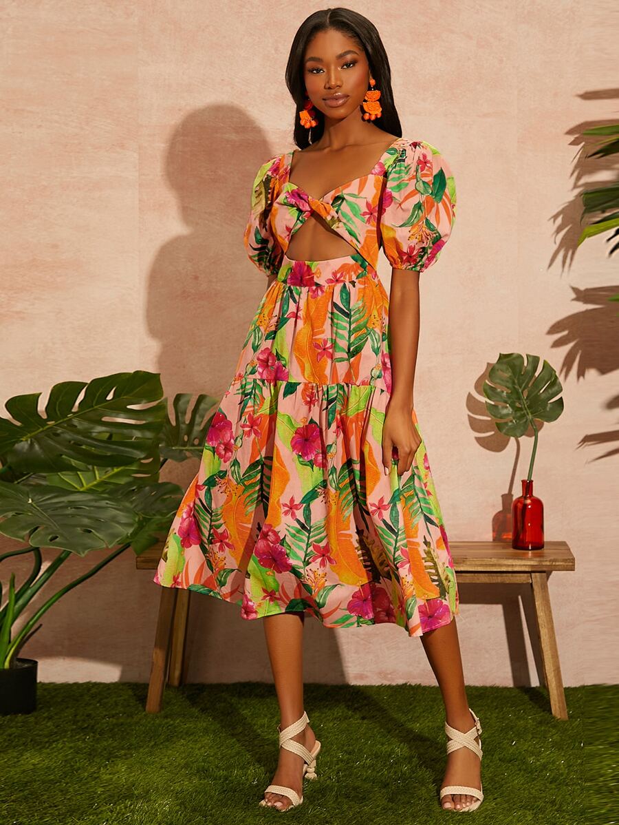 SHEIN VCAY Tropical Print Twist Front Cutout Dress | SHEIN USA