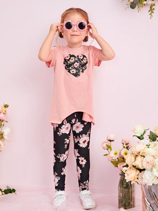 SHEIN Kids Nujoom Toddler Girls Floral And Heart Print Tee And Leggings ...