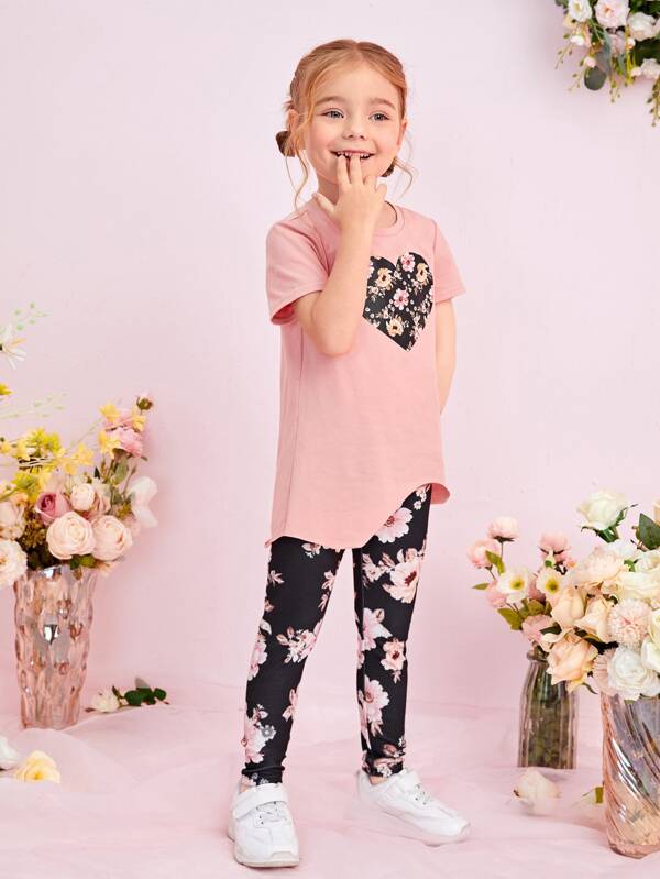 SHEIN Kids Nujoom Toddler Girls Floral And Heart Print Tee And Leggings ...