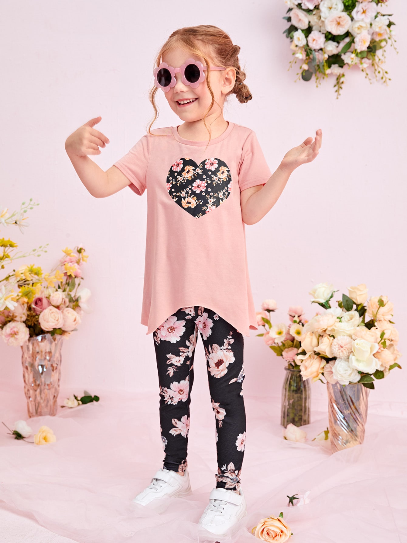 SHEIN Kids Nujoom Toddler Girls Floral And Heart Print Tee And Leggings ...