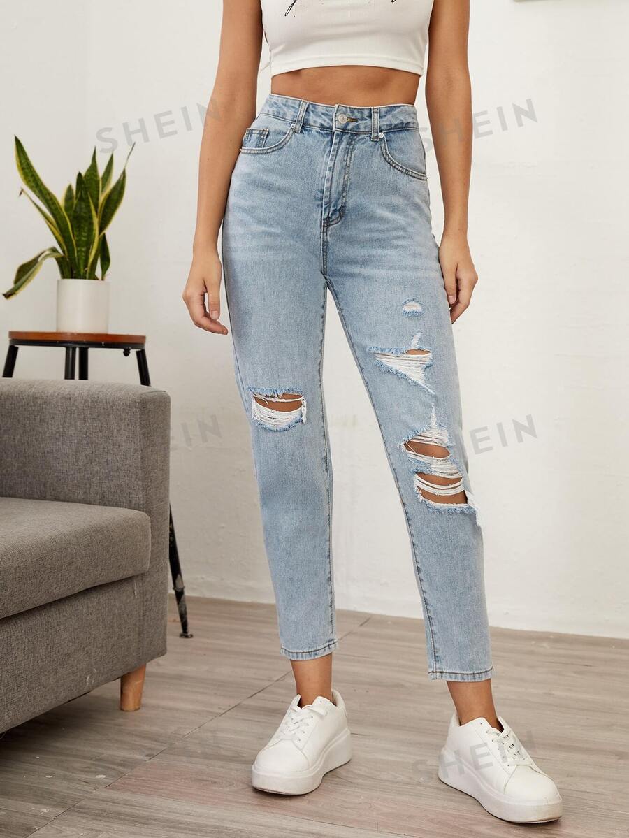SHEIN Essnce High Waist Ripped Jeans | SHEIN UK