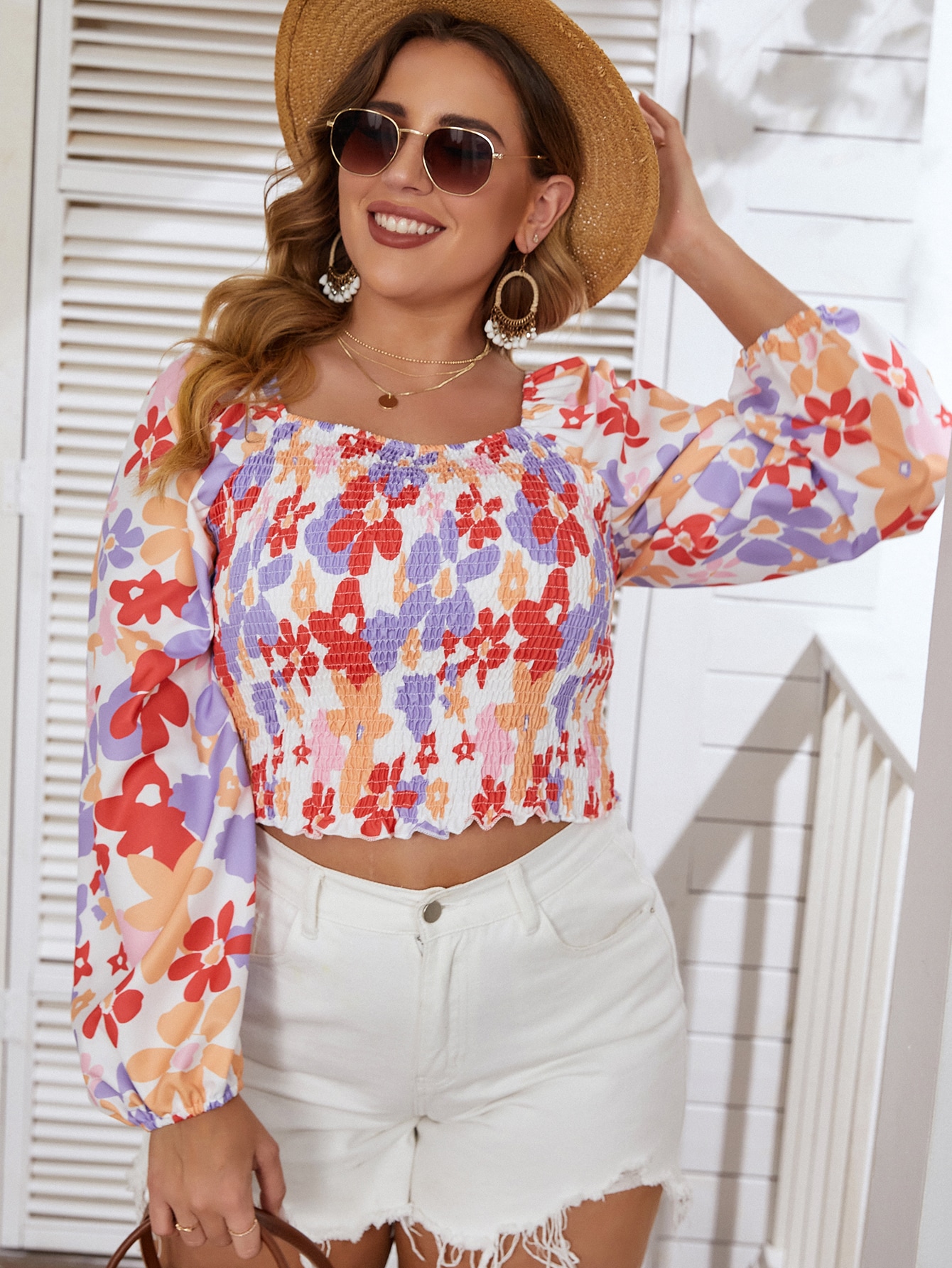 Shein Wywh Plus Allover Floral Print Shirred Lantern Sleeve Crop Blouse