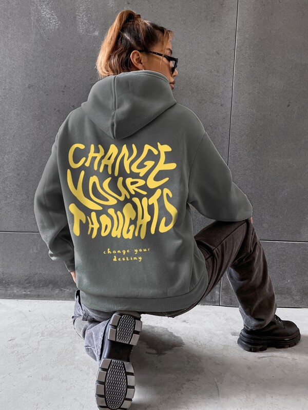Shein Coolane Slogan Graphic Kangaroo Pocket Drawstring Thermal Hoodie
