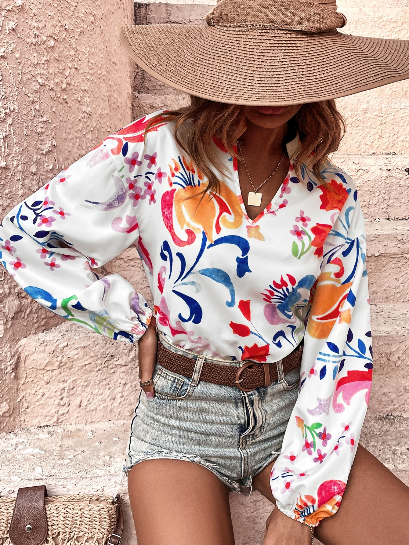 Bluse Mit Blume Muster Eingekerbtem Kragen Laternenärmeln Aktuelle