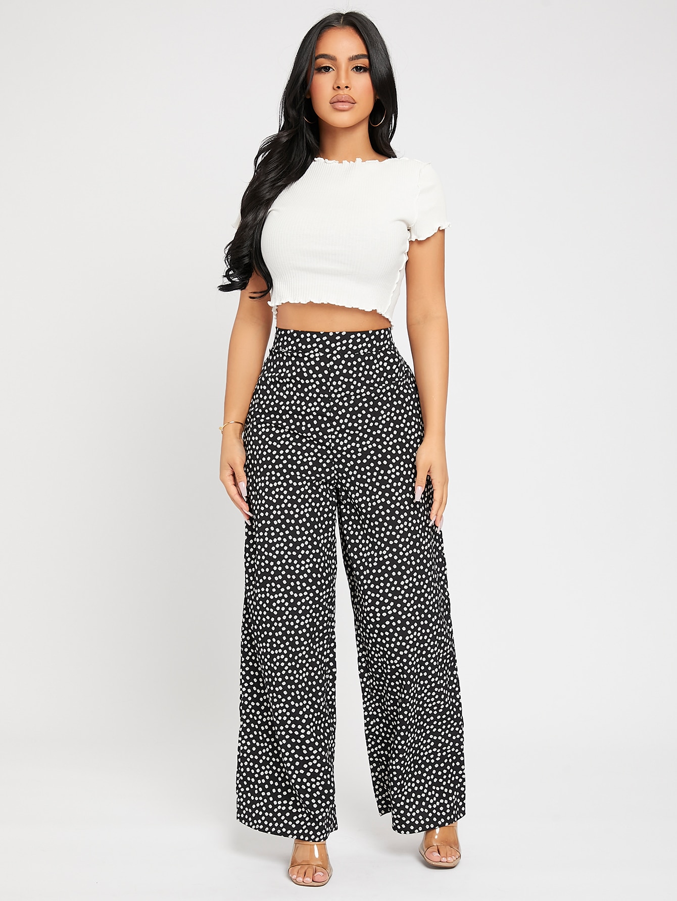 SHEIN PETITE High Waist Ditsy Floral Wide Leg Trousers | SHEIN UK