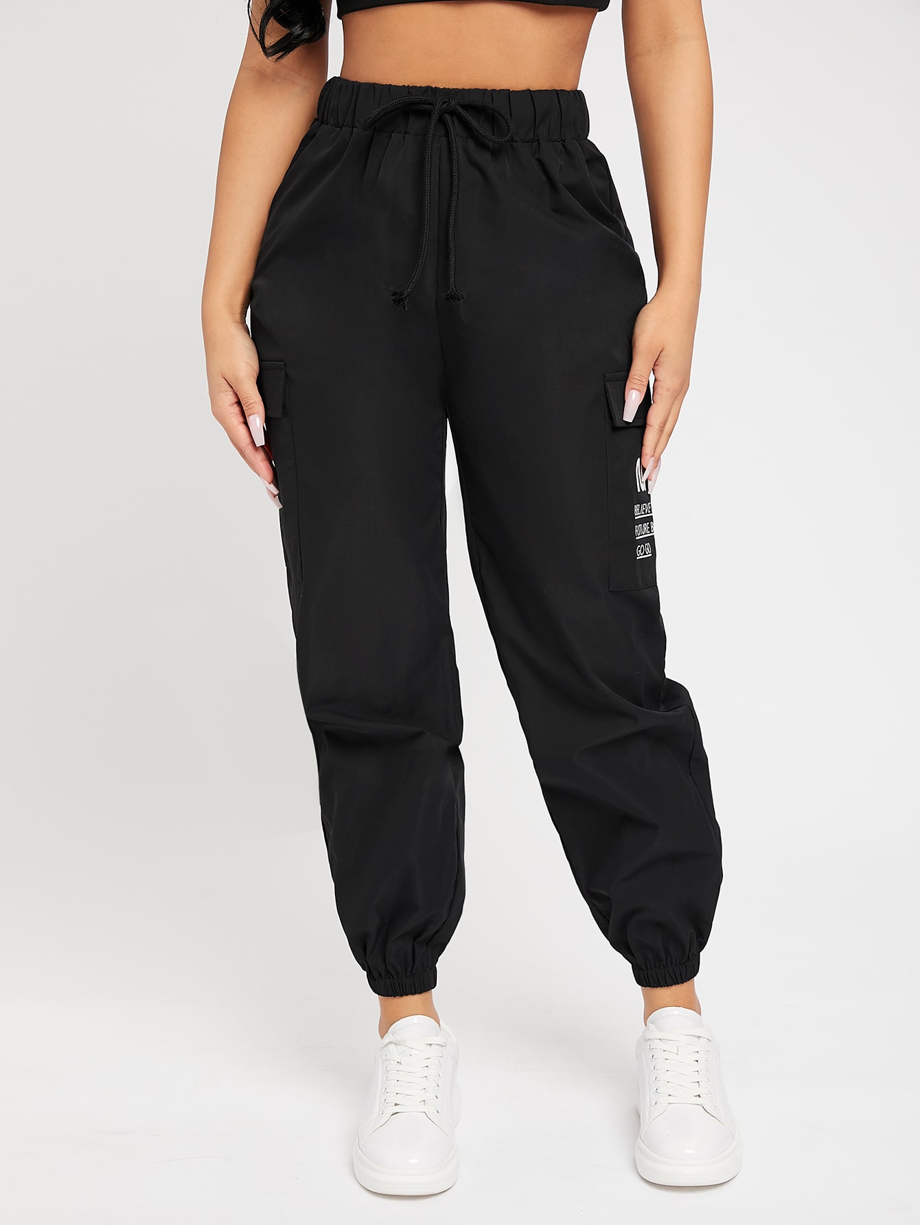 SHEIN PETITE Slogan Patched Drawstring Pants