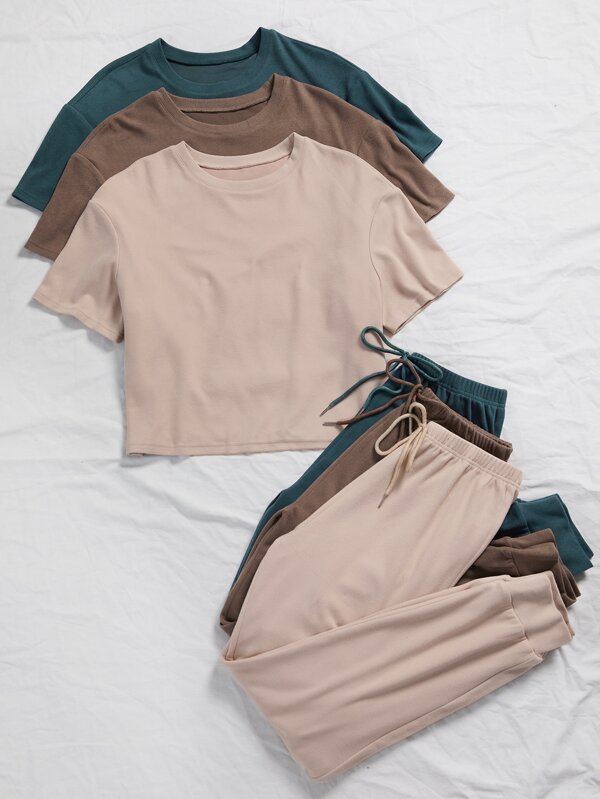 3sets Solid Tee & Tie Front Pants Lounge Set | SHEIN USA