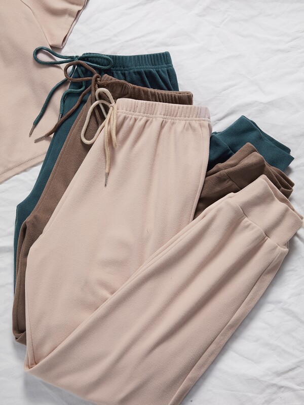 3sets Solid Tee & Tie Front Pants Lounge Set | SHEIN USA