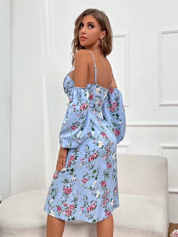 Floral Print Cold Shoulder Split Hem Fitted Dress | SHEIN USA