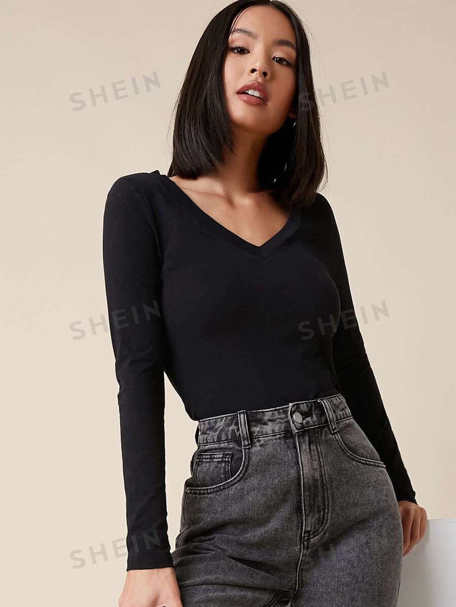 SHEIN BASICS Cotton Solid V Neck Tee | SHEIN UK