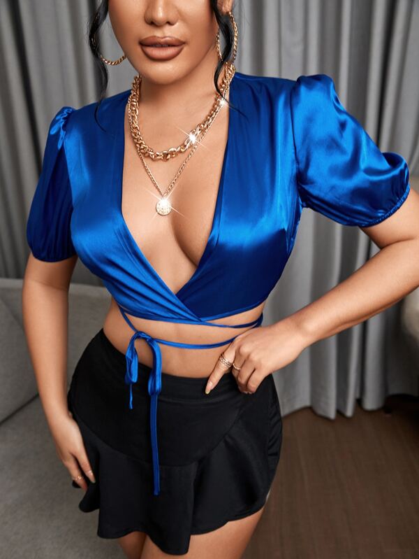 Shein Sxy Plunging Neck Puff Sleeve Crisscross Knot Front Crop Satin