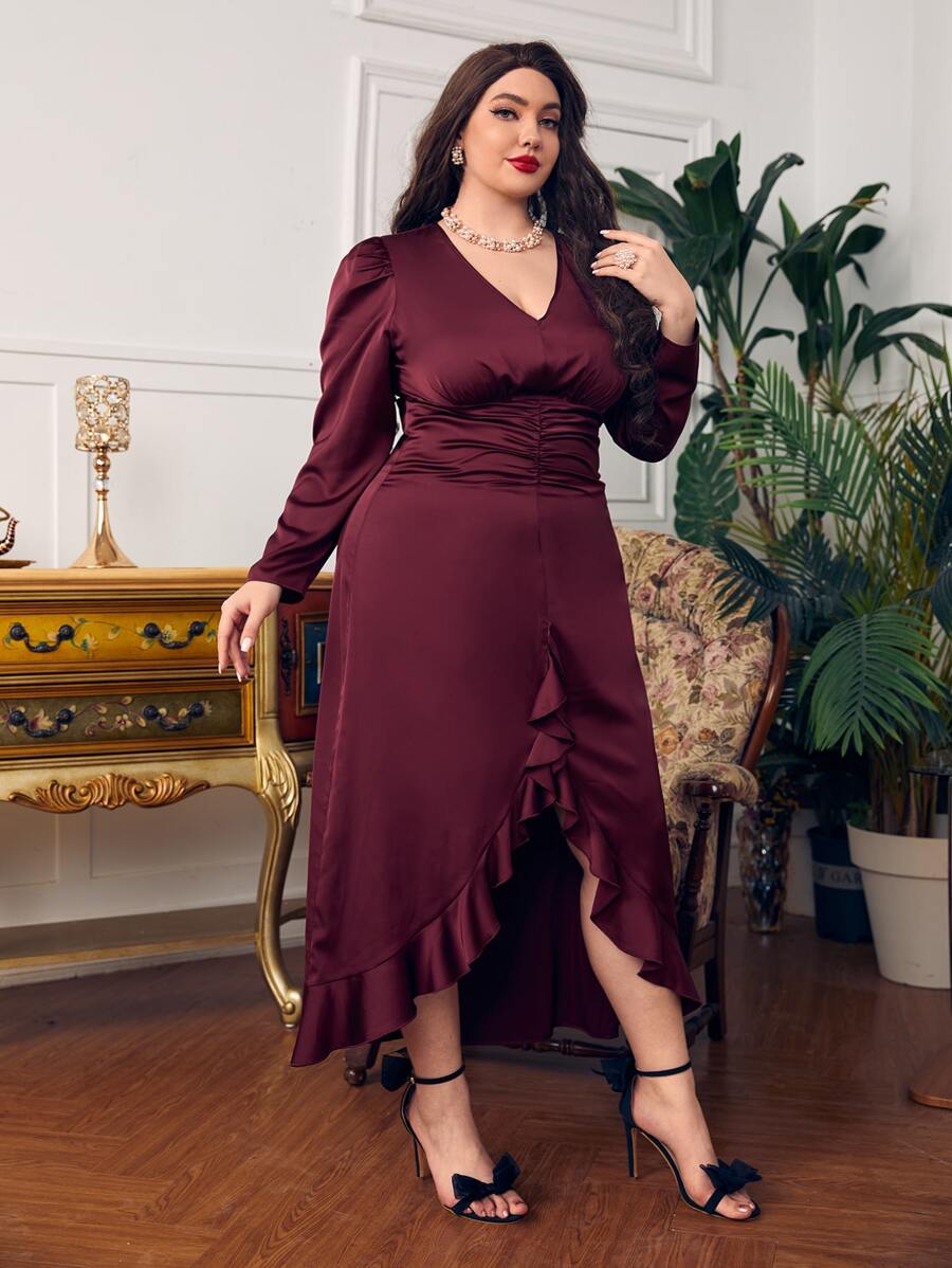 SHEIN Modely Burgundy Red Plus Ruffle Trim High Low Dress for Sale ...