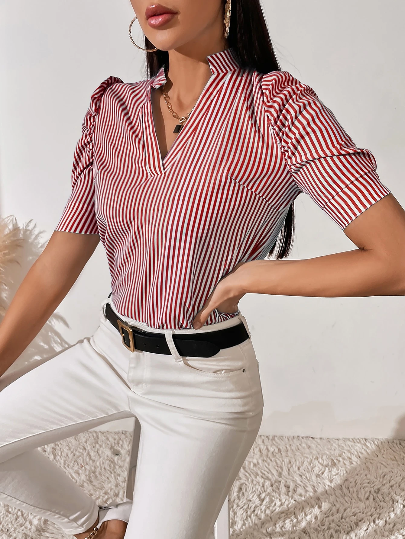 Shein Clasi Notch Neck Puff Sleeve Striped Top Shein Usa