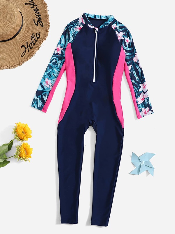 Teen Girls Full Body Plant Print Zipper Front One Piece Swimsuit | SHEIN UK