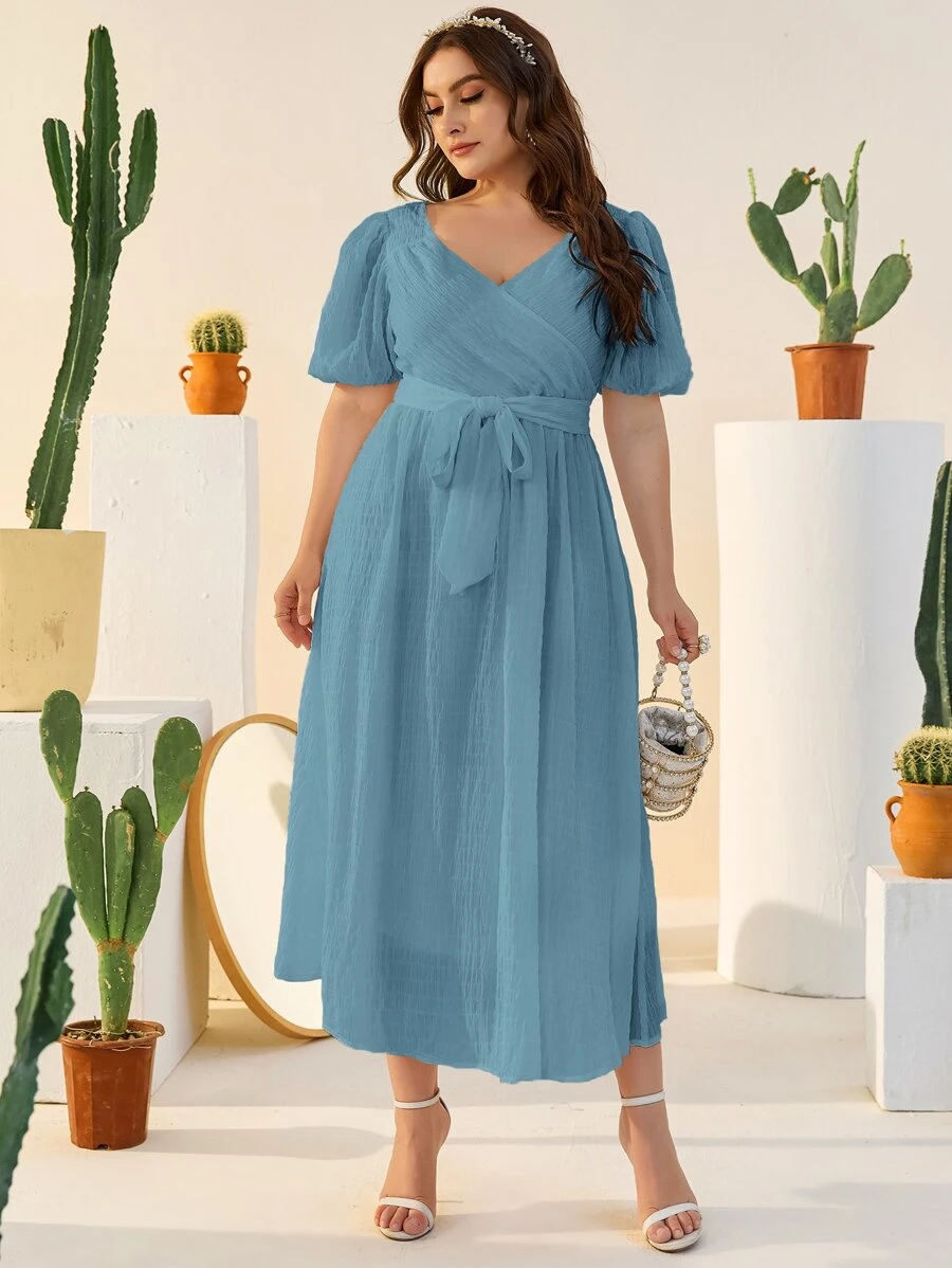 Mulvari Plus Surplice Neck Puff Sleeve Belted Dress | SHEIN USA