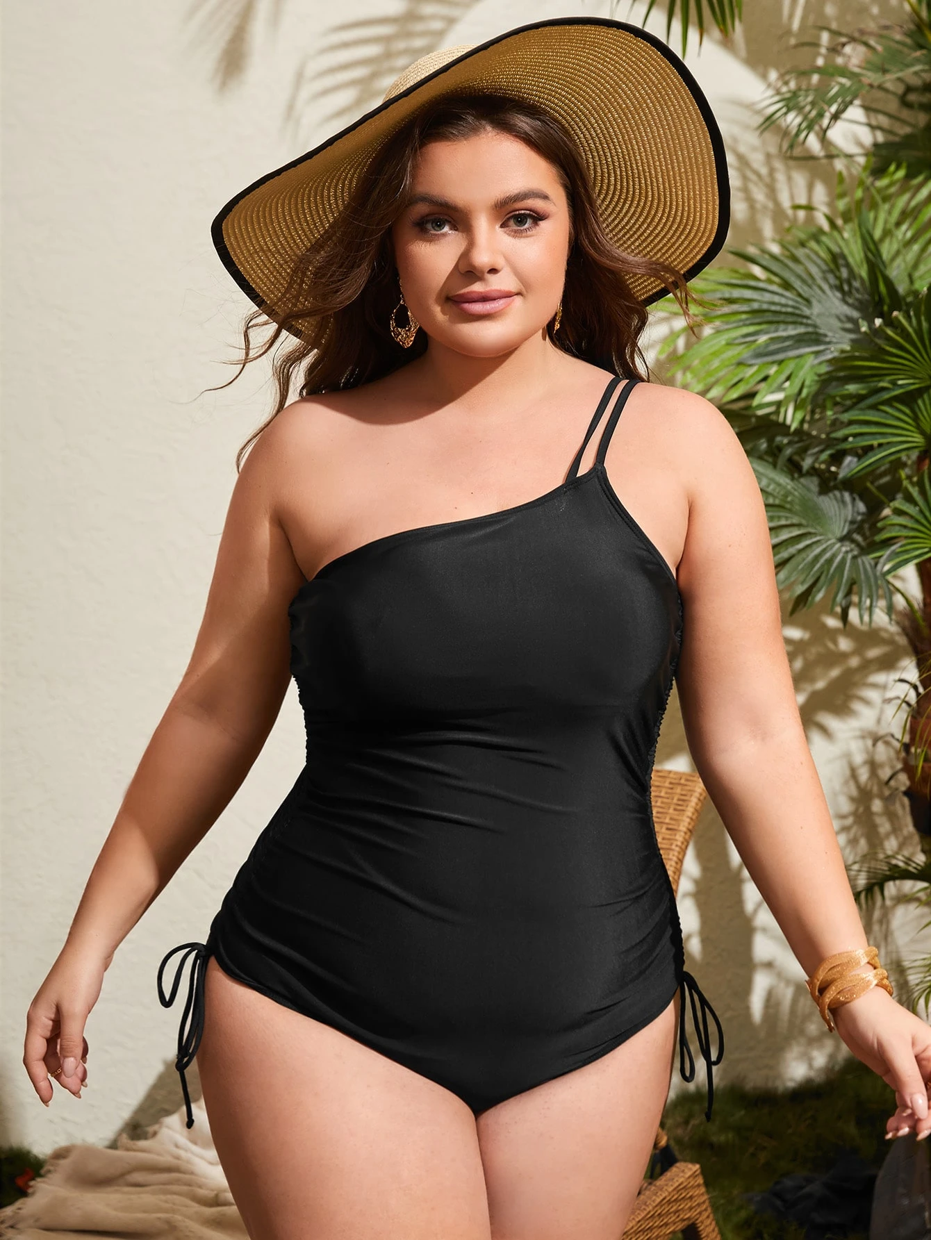 Plus Ruched Drawstring Side One Shoulder One Piece Swimsuit Shein Usa