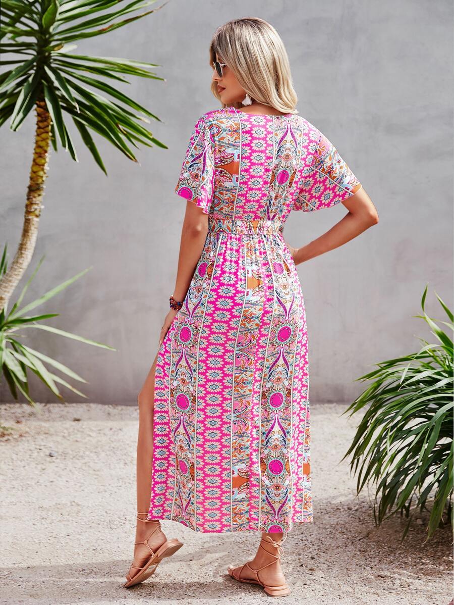 Breezaya Allover Print Butterfly Sleeve Split Side Belted Dress Maxi Vacation Beach Outfits ...