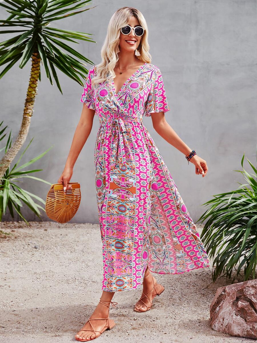 Breezaya Allover Print Butterfly Sleeve Split Side Belted Dress Maxi Vacation Beach Outfits ...