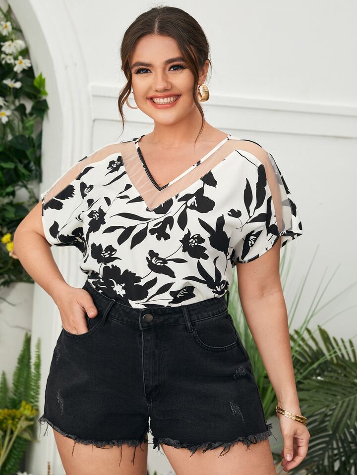 SHEIN Clasi Plus Floral Print Sheer Mesh Insert Top | SHEIN UK
