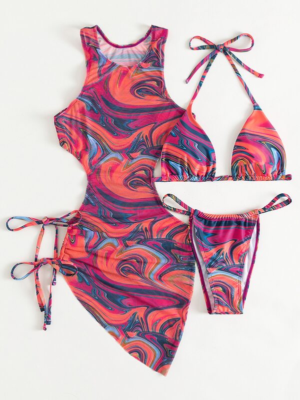 SHEIN Swim Y2GLAM Swirl Print Halter Micro Triangle Bra & Thong Bottom ...