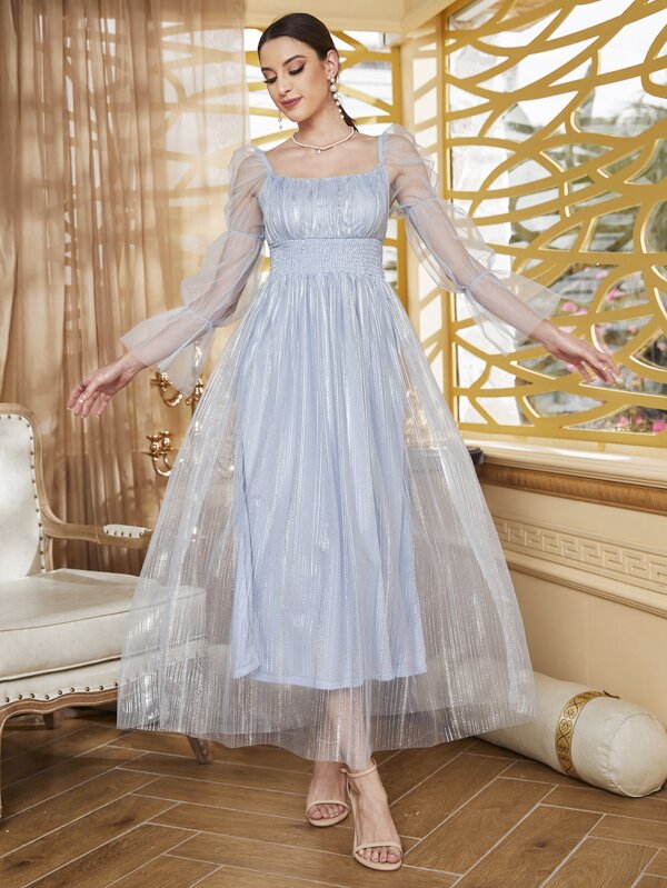 SHEIN Modely Mesh Panel Flounce Sleeve Shirred A-line Dress | SHEIN USA