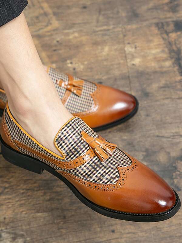 Men Wing-tip Brogue Dress Loafers Pointed Toe Tassel Dress Shoes For ...