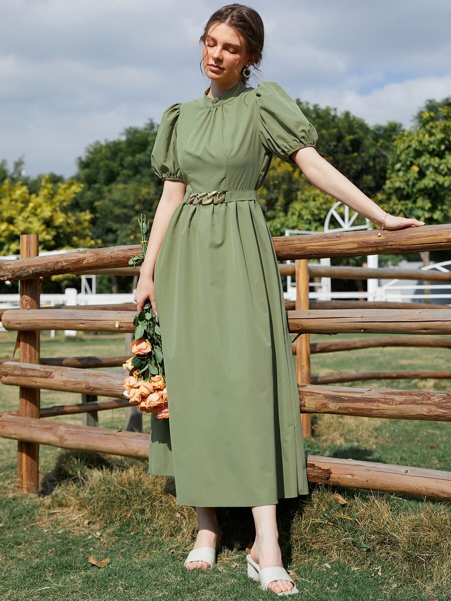 SHEIN Modely Vestido con cinturón de manga farol de cuello alto | Moda ...