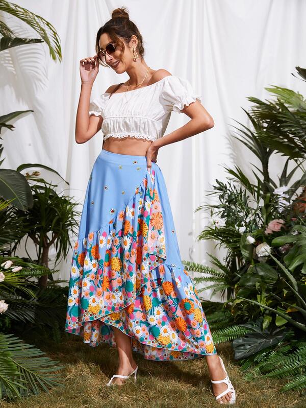 Floral Ruffle Hem Skirt | SHEIN USA