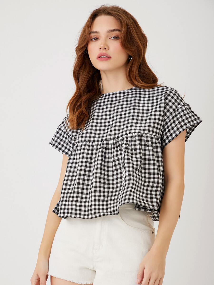 SHEIN EZwear Gingham Ruffle Hem Top | SHEIN USA