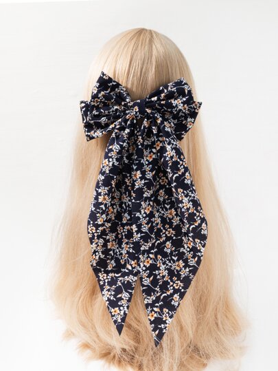 1pc Floral Print Bowknot Hair Clip With Double Layers Ribbon Streamers ...