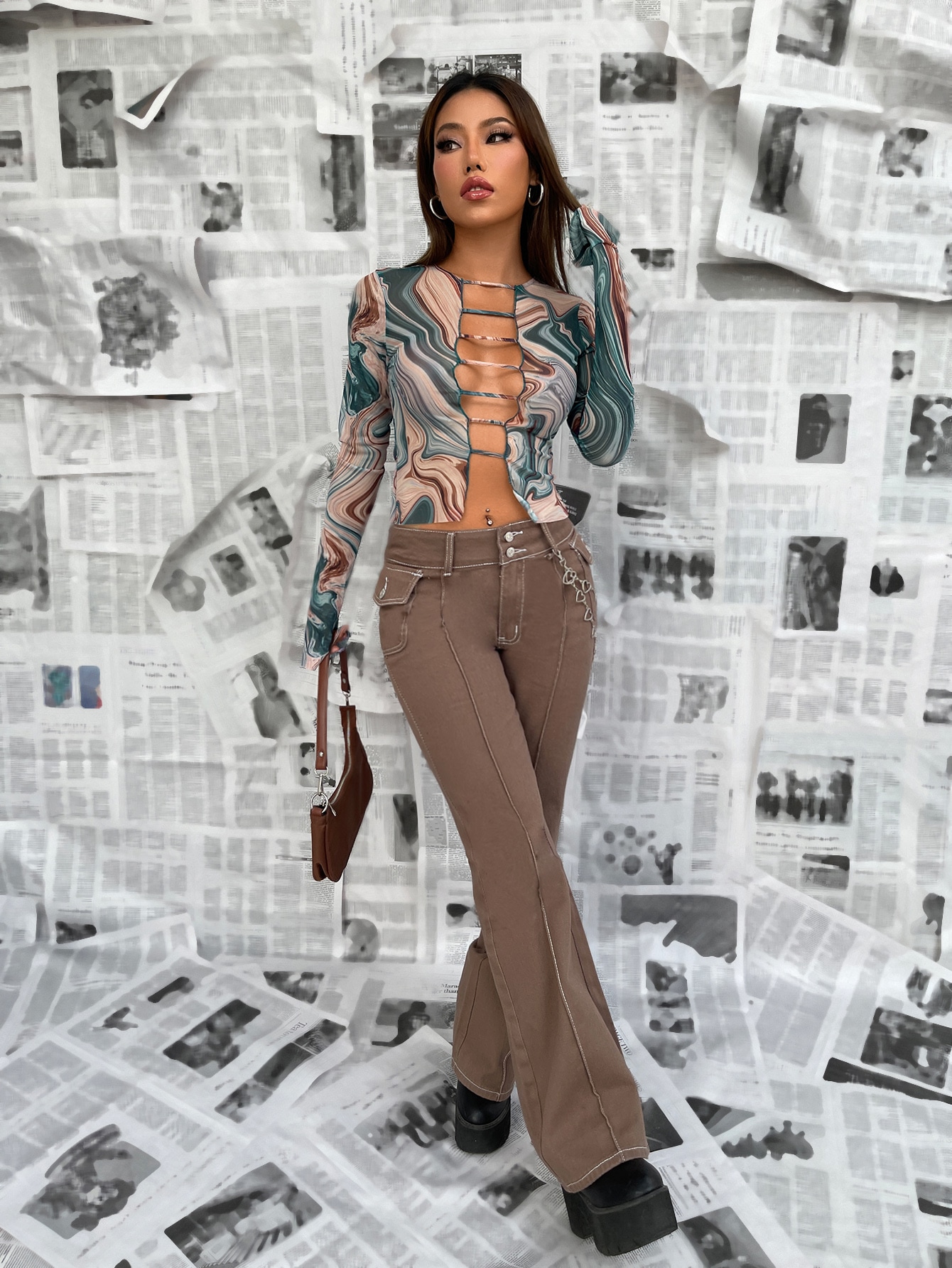 SHEIN ICON Top 90s con estampado de mármol con abertura de malla | Moda ...