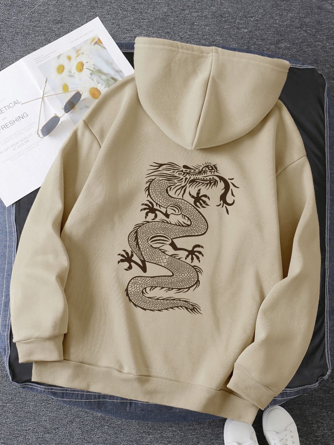 Chinese Dragon Graphic Kangaroo Pocket Thermal Lined Drawstring Hoodie ...
