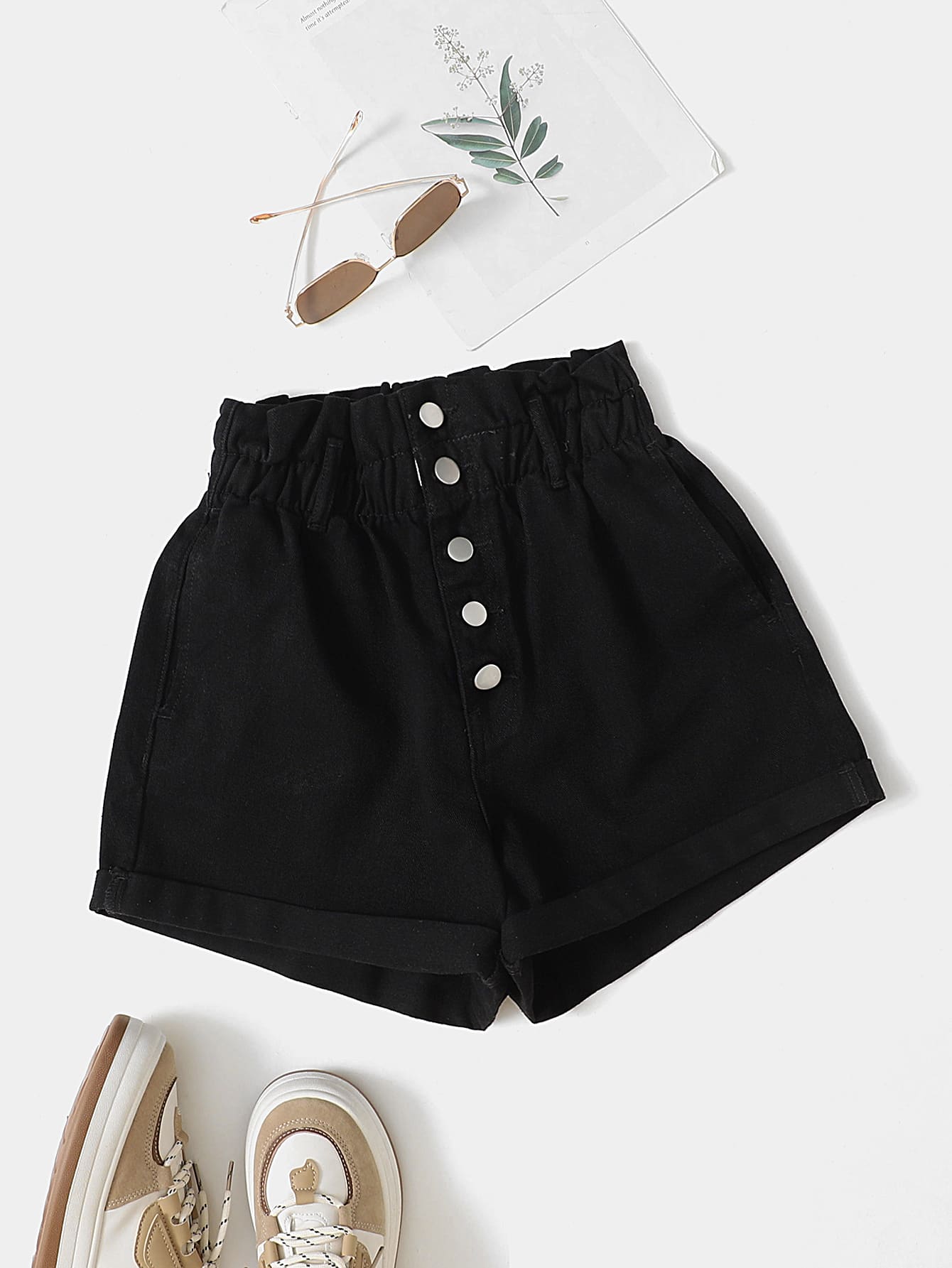 SHEIN Paper Bag Waist Button Fly Denim Shorts | SHEIN USA
