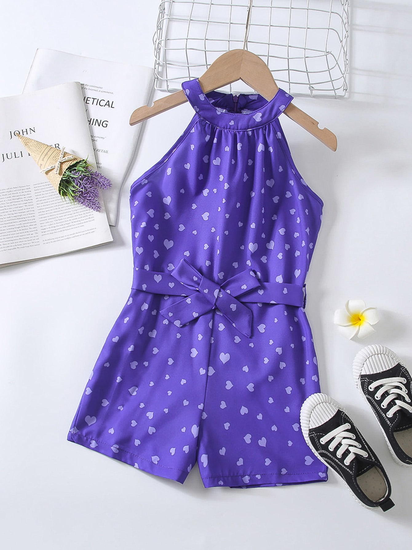 Toddler Girls Heart Print Halter Neck Belted Romper