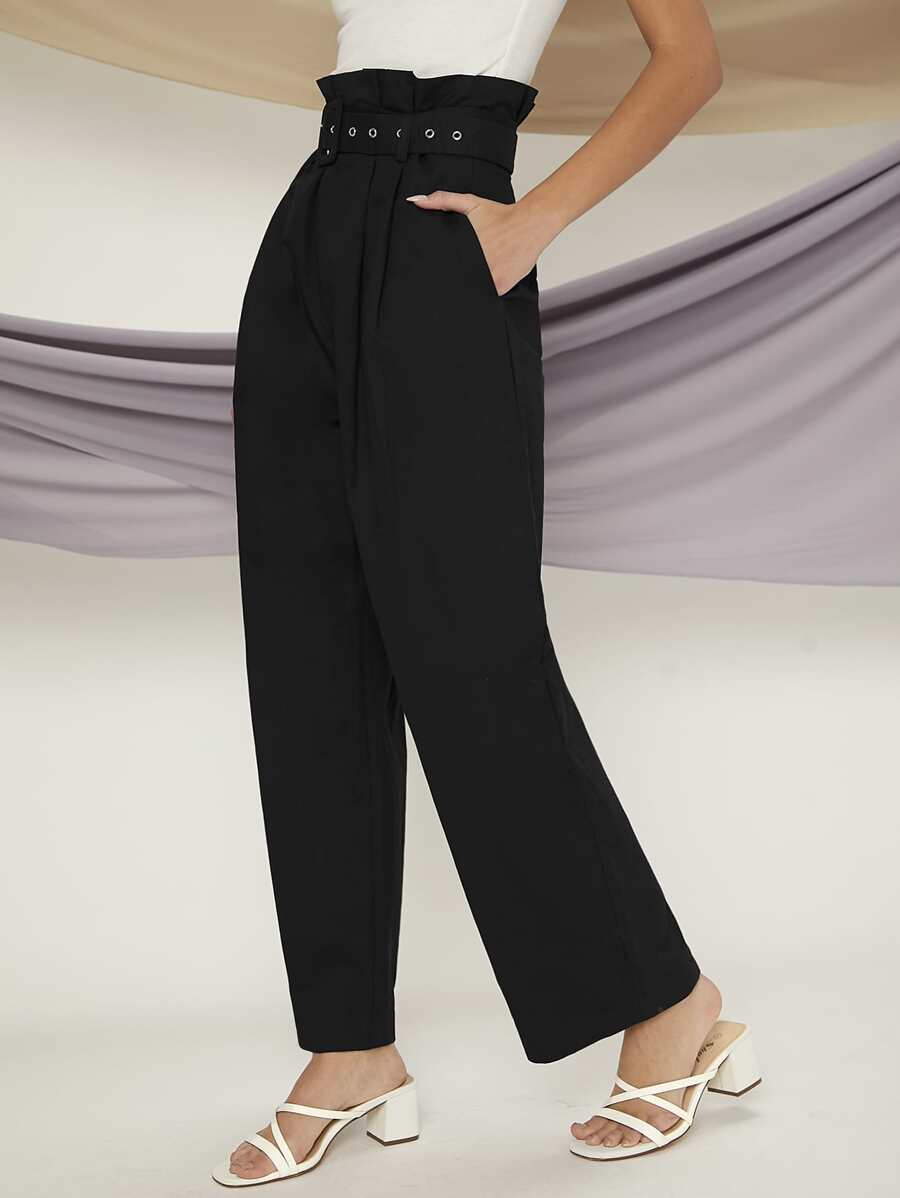 SHEIN Bolso Zíper Paper Bag Pants Simples elegante Calça Feminina ...