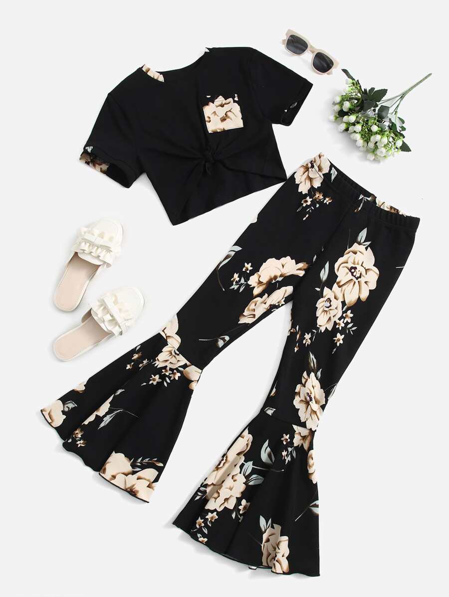 SHEIN Tween Girl Floral Print Patch Pocket Tee & Ruffle Hem Pants ...