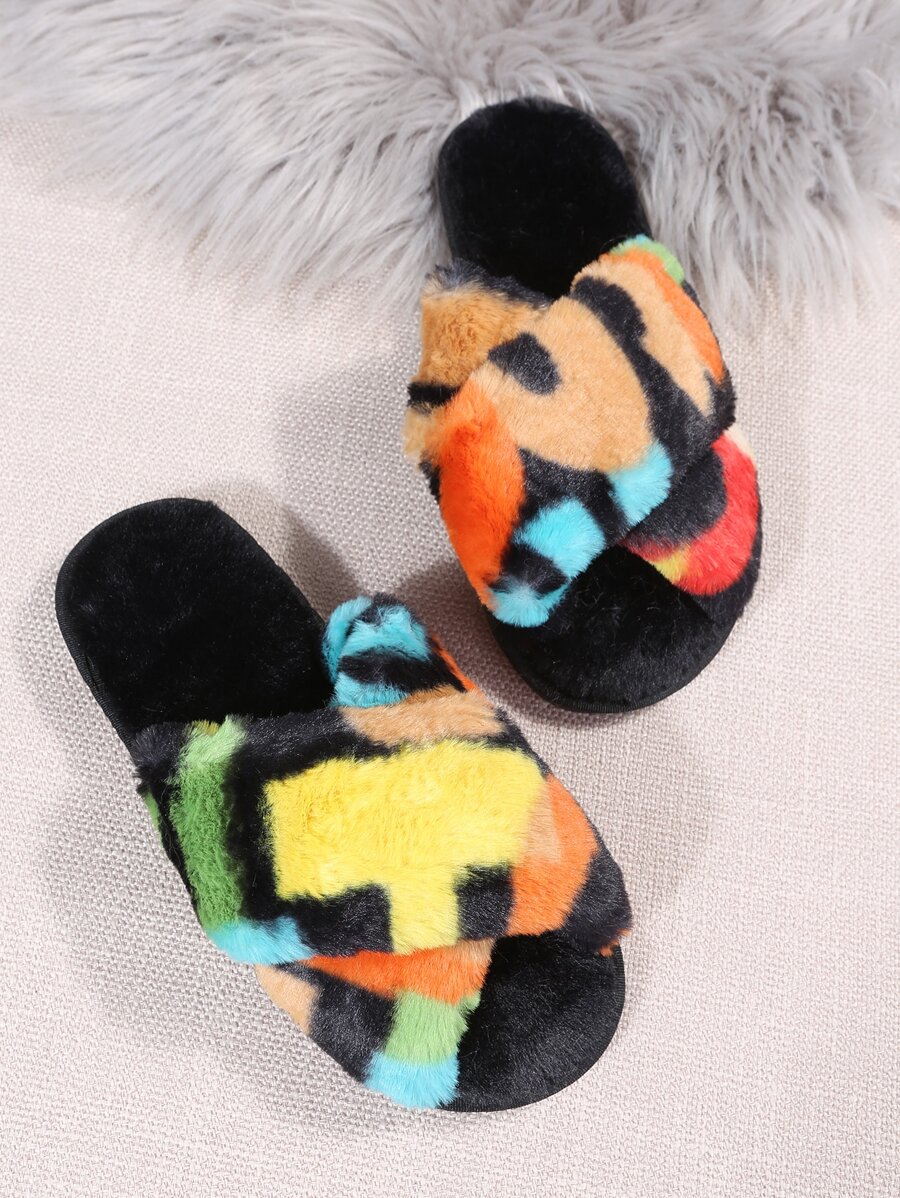 Colorblock Cross Strap Fluffy Bedroom Slippers | SHEIN USA