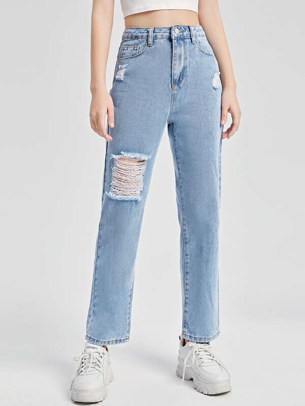 SHEIN Teen Girls High Waist Ripped Straight Leg Jeans | SHEIN EUR