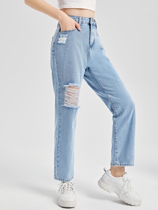 SHEIN Teen Girls High Waist Ripped Straight Leg Jeans | SHEIN EUR