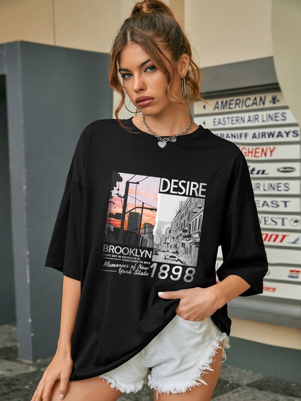Shein Ezwear Slogan And Building Print Drop Shoulder Tee Shein Usa