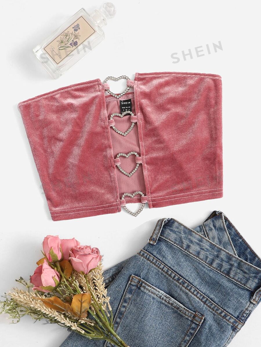 SHEIN ICON Heart Rhinestone Velvet Tube Crop Top | SHEIN USA