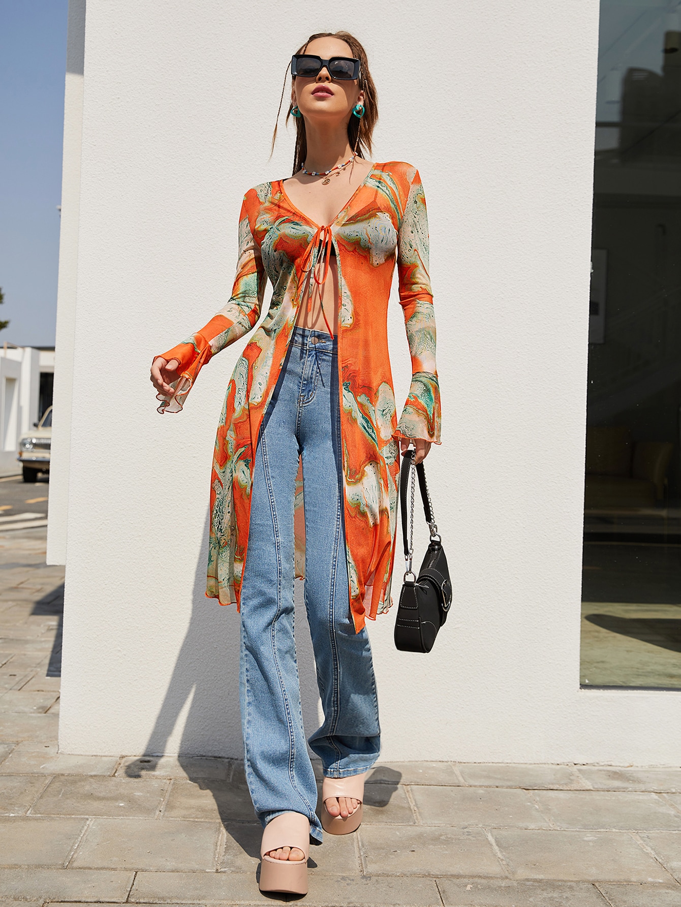 SHEIN ICON 90s Brush Print Tie Front Bell Sleeve Top | SHEIN UK